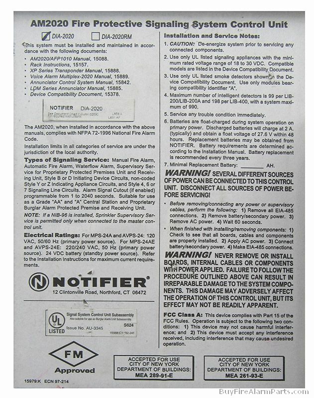Notifier DIA-2020 Display Interface Assembly
