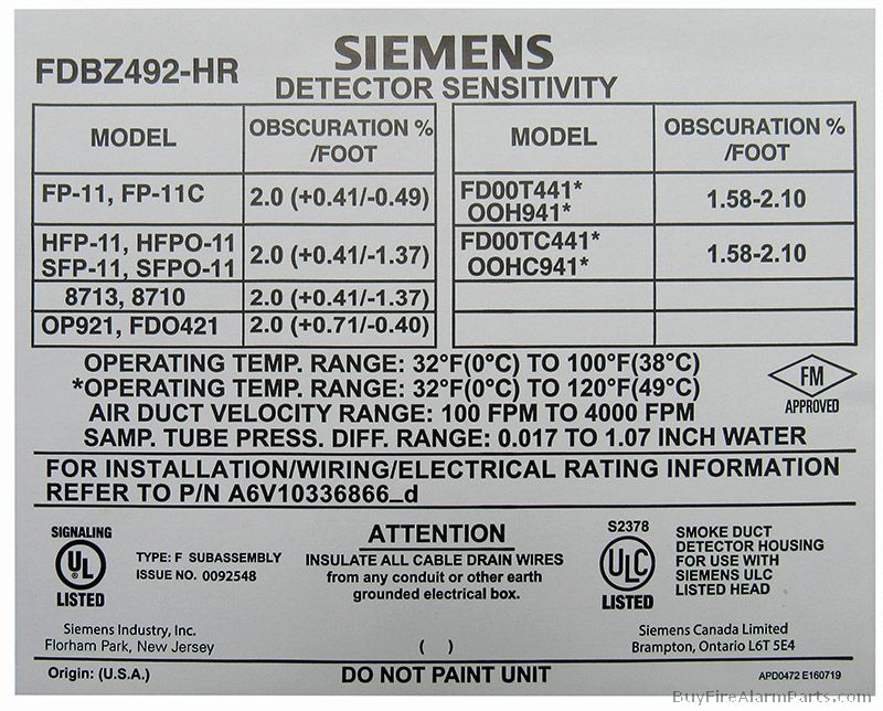 Siemens FDBZ492-HR Duct Detector Housing /w Relay